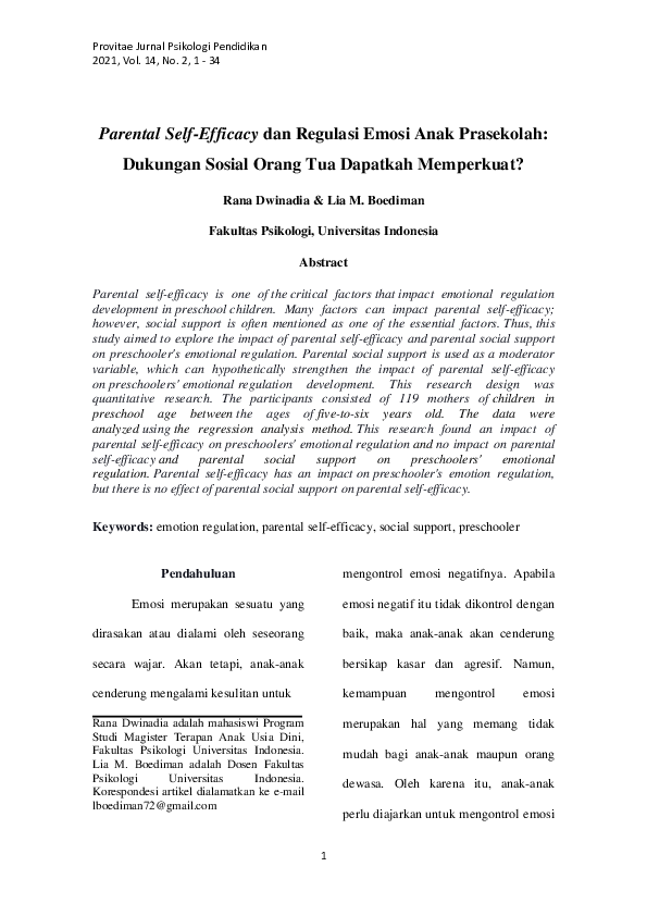 (PDF) Parental Self-Efficacy dan Regulasi Emosi Anak Prasekolah: Dukungan Sosial Orang Tua ...