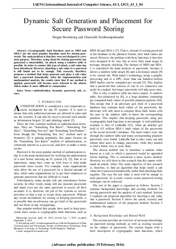 (PDF) Dynamic Salt Generation and Placement for Secure Password Storing