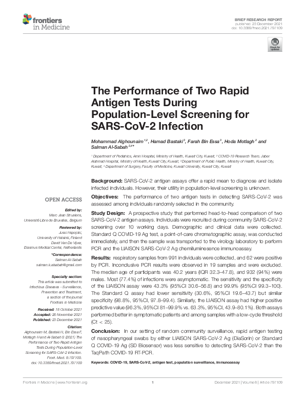 (PDF) The Performance of Two Rapid Antigen Tests During Population ...