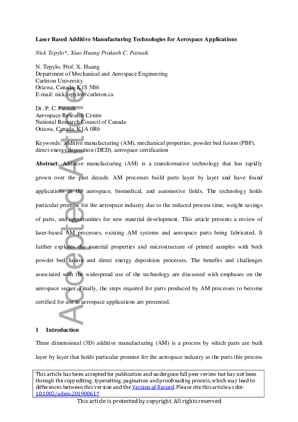 Pdf Laser‐based Additive Manufacturing Technologies For Aerospace Applications Sadiq Raji