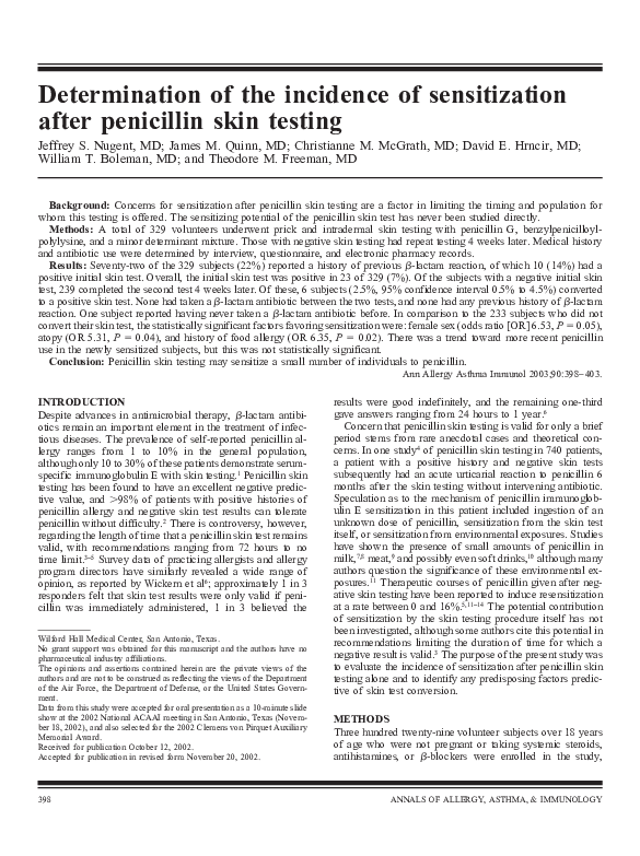 Pdf Determination Of The Incidence Of Sensitization After Penicillin Skin Testing David