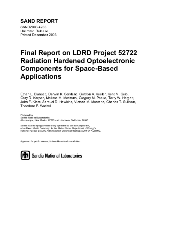 (PDF) Final report on LDRD project 52722 : radiation hardened optoelectronic components for ...