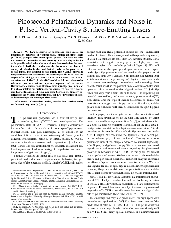 (PDF) Picosecond polarization dynamics and noise in pulsed vertical ...
