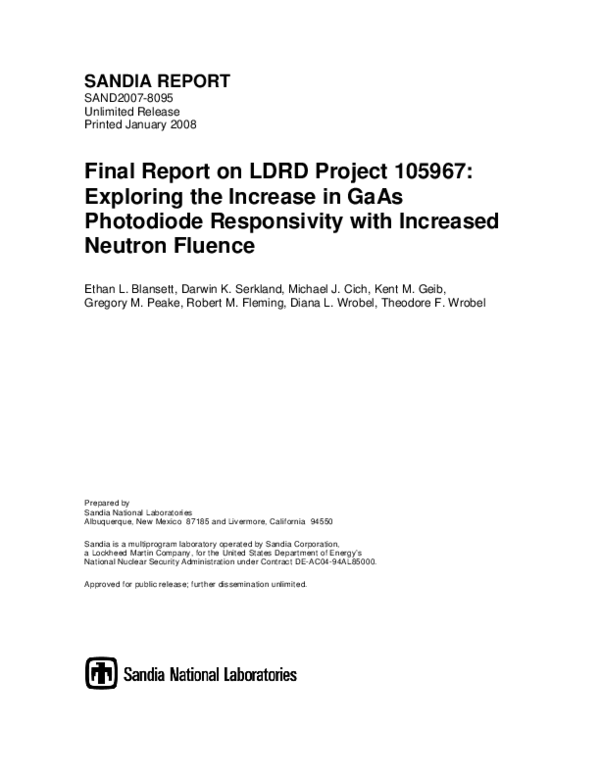 (PDF) SANDIA REPORT Final Report on LDRD Project 105967: Exploring the Increase in GaAs ...