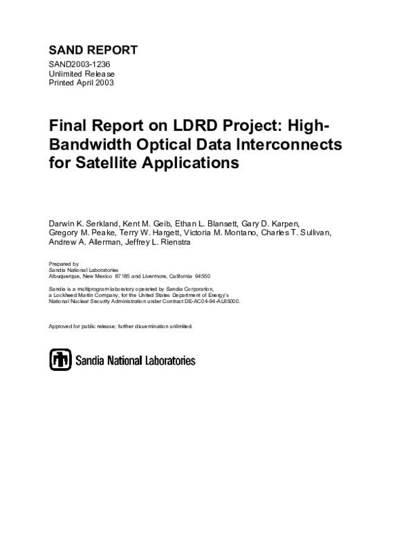 (PDF) Final Report on LDRD Project: High-Bandwidth Optical Data Interconnects for Satellite ...