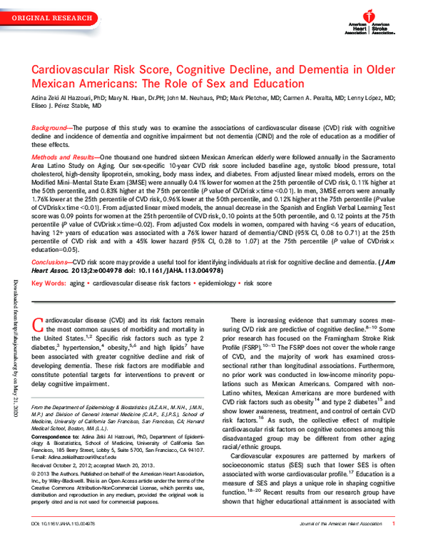 Pdf Cardiovascular Risk Score Cognitive Decline And Dementia In