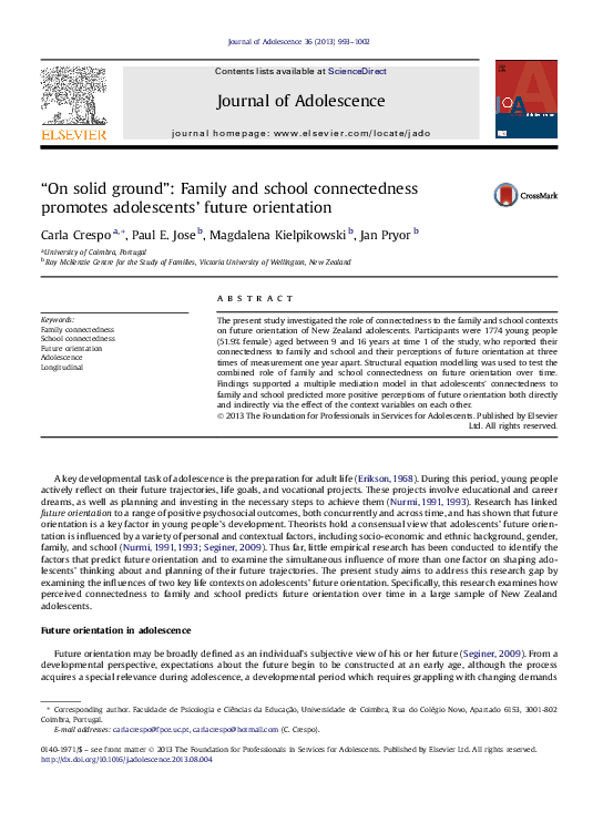 (PDF) “On solid ground”: Family and school connectedness promotes ...
