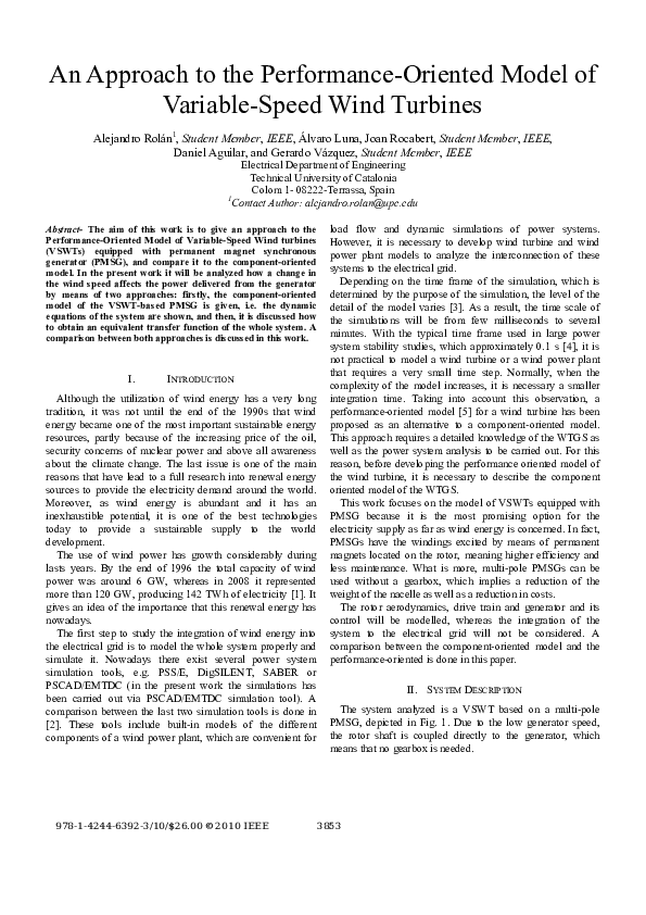 (PDF) An approach to the Performance-Oriented Model of Variable-Speed Wind turbines
