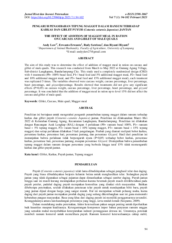 (PDF) PENGARUH PENAMBAHAN TEPUNG MAGGOT DALAM RANSUM TERHADAP KARKAS ... (PDF) PENGARUH PENAMBAHAN TEPUNG MAGGOT DALAM RANSUM TERHADAP KARKAS ...