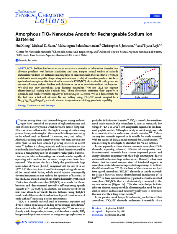 (PDF) Amorphous TiO2 Nanotube Anode for Rechargeable Sodium Ion Batteries
