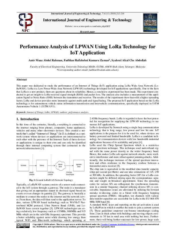 (PDF) Performance Analysis of LPWAN Using LoRa Technology for IoT Application