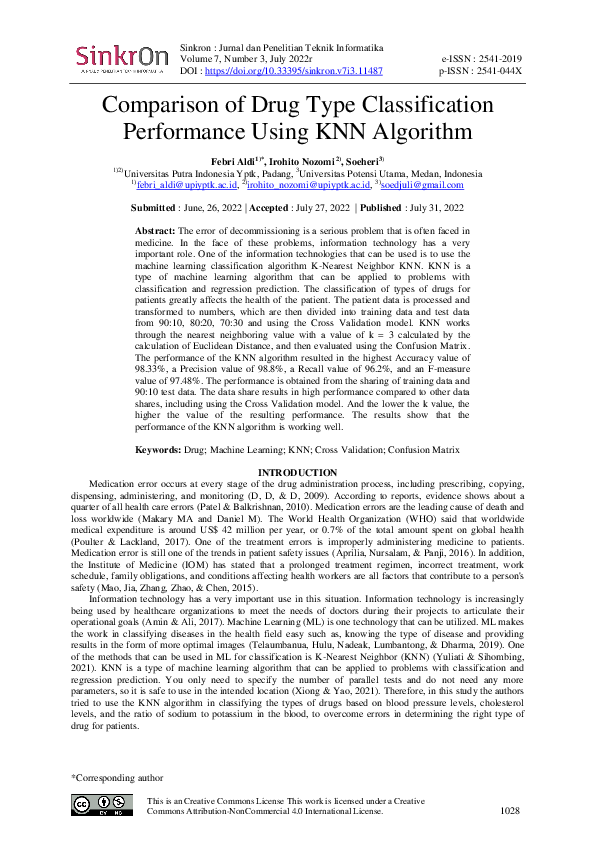 (PDF) Comparison of Drug Type Classification Performance Using KNN ... (PDF) Comparison of Drug Type Classification Performance Using KNN ...
