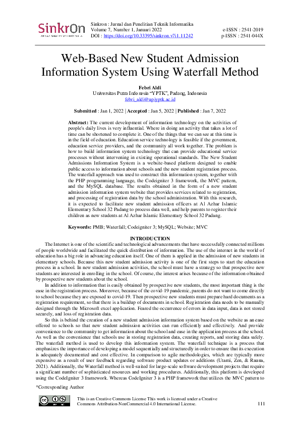 (PDF) Web-Based New Student Admission Information System Using Waterfall Method