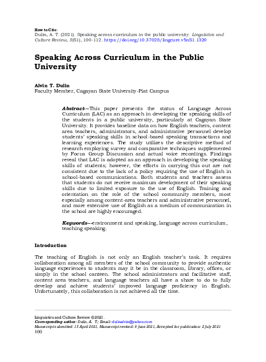 (PDF) Speaking across curriculum in the public university