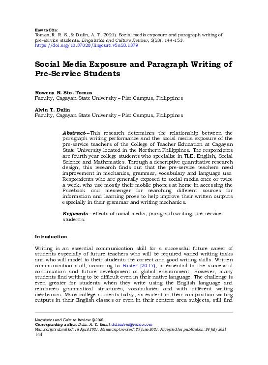 (PDF) Social Media Impact on Pre-Service Writing Skills