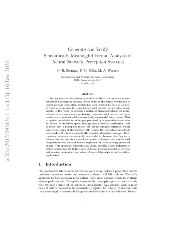 (PDF) Generate and Verify: Semantically Meaningful Formal Analysis of Neural Network Perception ...