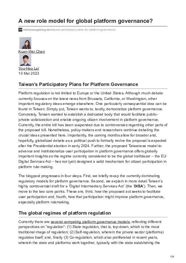 (PDF) Taiwan’s Participatory Plans for Platform Governance