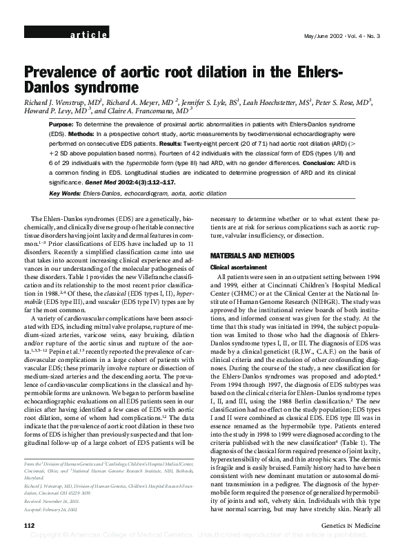 (PDF) Prevalence of aortic root dilation in the Ehlers-Danlos syndrome