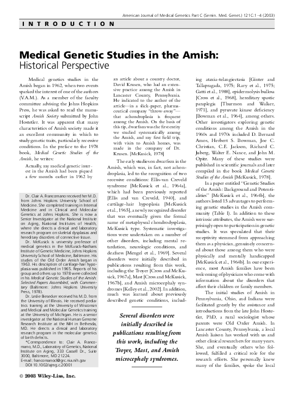 (PDF) Medical genetic studies in the Amish: Historical perspective