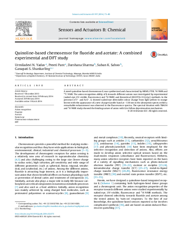 (PDF) Quinoline-based chemosensor for fluoride and acetate: A combined experimental and DFT study