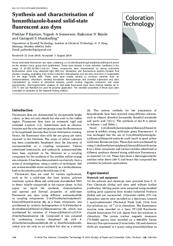 (PDF) Synthesis and characterisation of benzothiazole‐based solid‐state fluorescent azo dyes