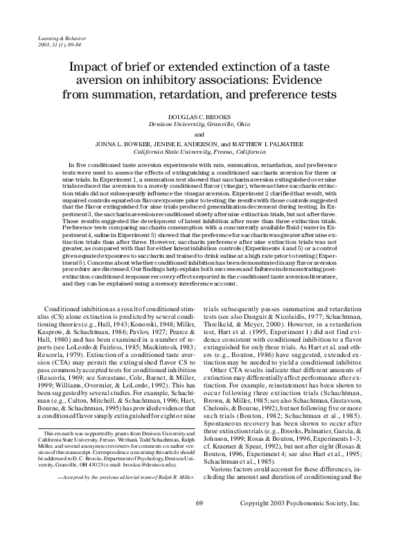 (PDF) Impact of brief or extended extinction of a taste aversion on ...