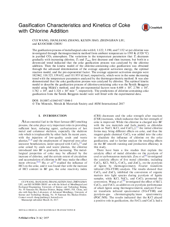 (PDF) Gasification Characteristics and Kinetics of Coke with Chlorine ...