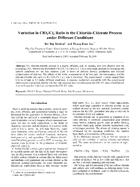 (PDF) Variation in ClO 2 /Cl 2 Ratio in the Chloride-Chlorate Process ...