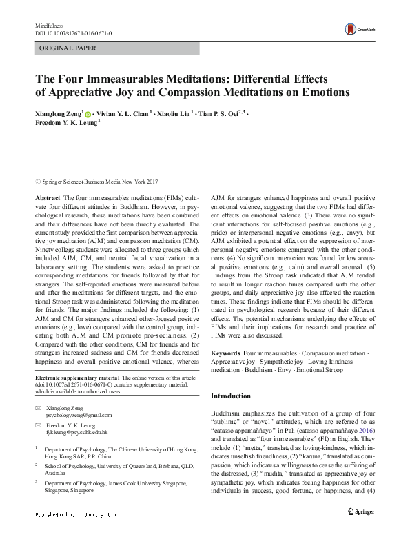 (PDF) The Four Immeasurables Meditations: Differential Effects of ...
