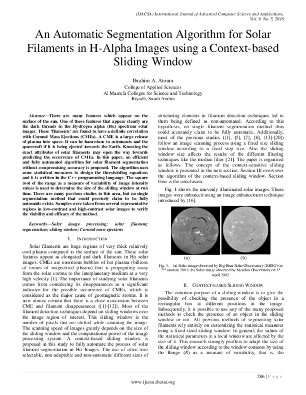 Pdf An Automatic Segmentation Algorithm For Solar Filaments In H Alpha Images Using A Context