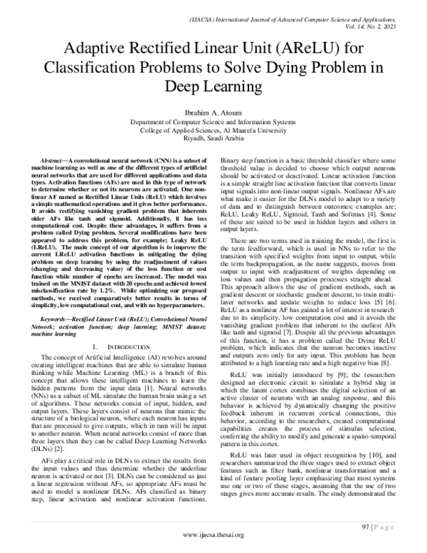 (PDF) Adaptive Rectified Linear Unit (Arelu) for Classification Problems to Solve Dying Problem ...