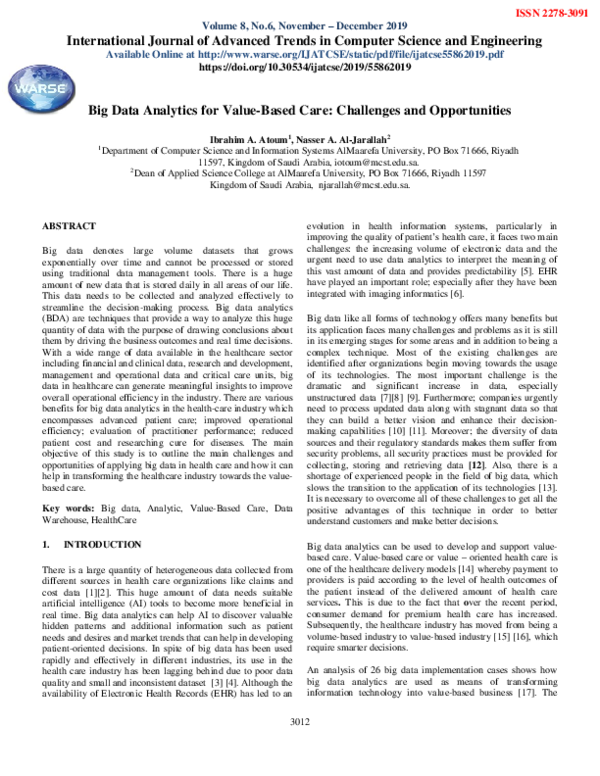 (PDF) Big Data Analytics for Value-Based Care: Challenges and Opportunities