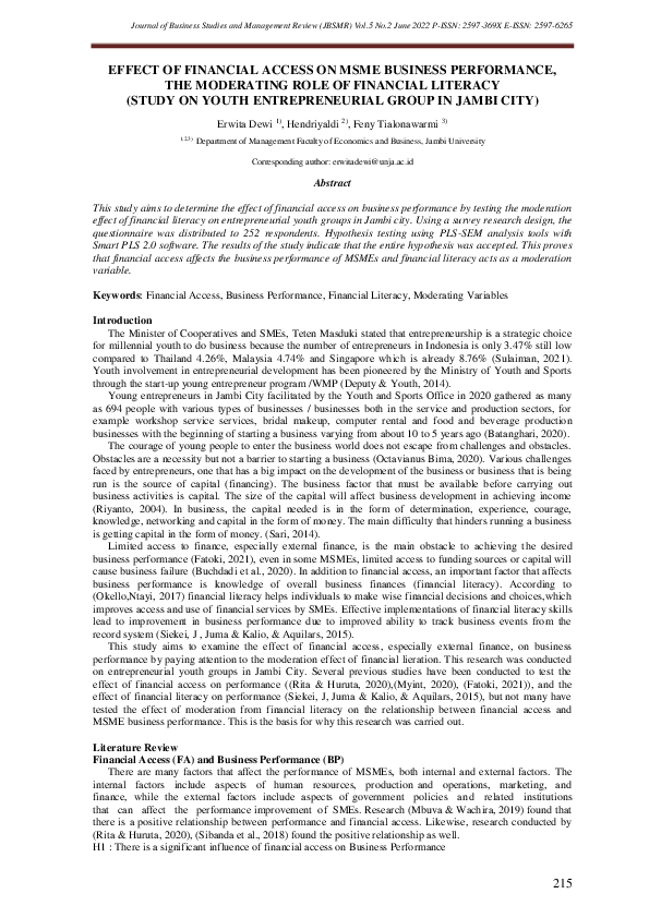(PDF) Effect of Financial Access on Msme Business Performance, the ...
