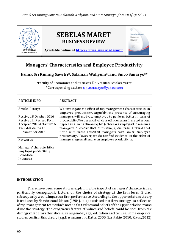 (PDF) Managers’ Characteristics and Employee Productivity