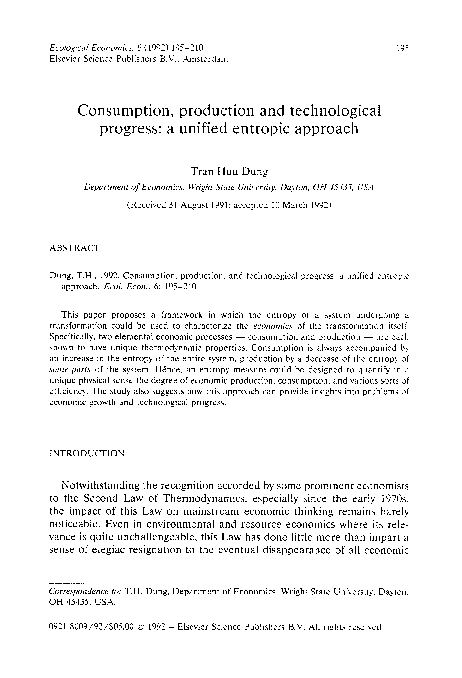 (PDF) Consumption, production and technological progress: a unified entropic approach