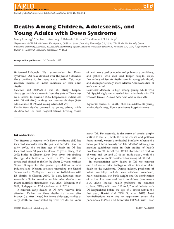(PDF) Deaths Among Children, Adolescents, and Young Adults with Down ...