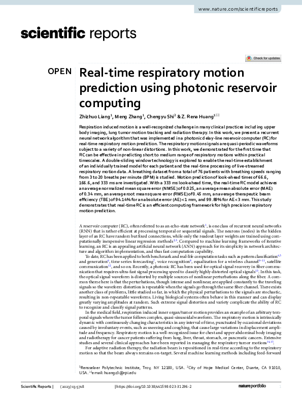 Pdf Real Time Respiratory Motion Prediction Using Photonic Reservoir Computing
