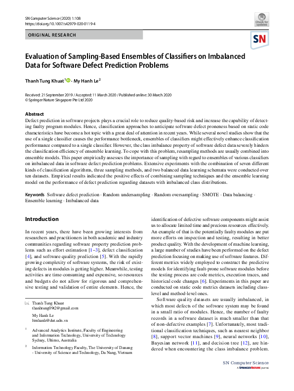 (PDF) Evaluation of Sampling-Based Ensembles of Classifiers on Imbalanced Data for Software ...