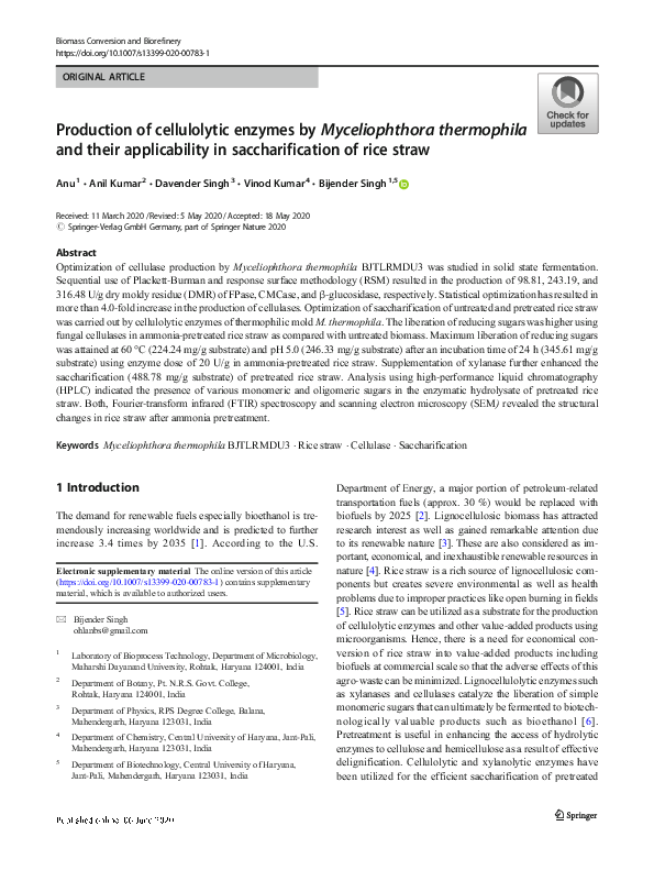 (PDF) Production of cellulolytic enzymes by Myceliophthora thermophila and their applicability ...