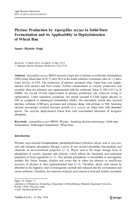 (PDF) Phytase Production by Aspergillus oryzae in Solid-State Fermentation and its Applicability ...