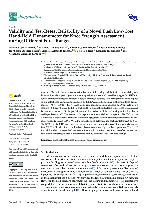 Pdf Validity And Test Retest Reliability Of A Novel Push Low Cost Hand Held Dynamometer For