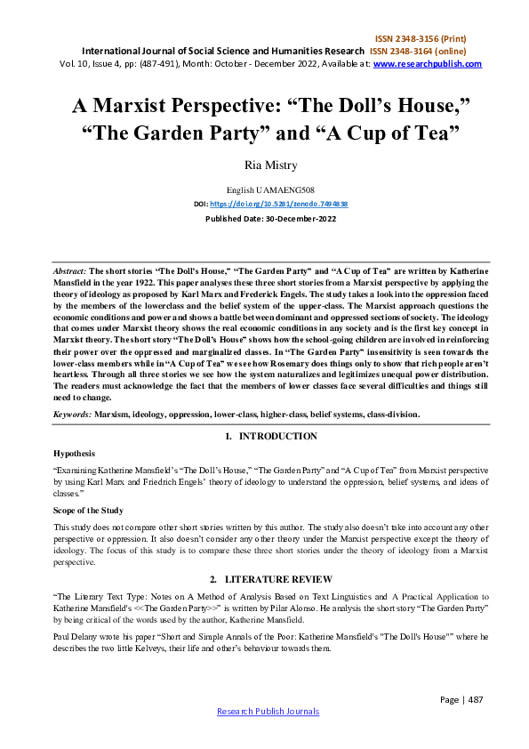 (PDF) A Marxist Perspective: "The Doll's House," "The Garden Party" and ...