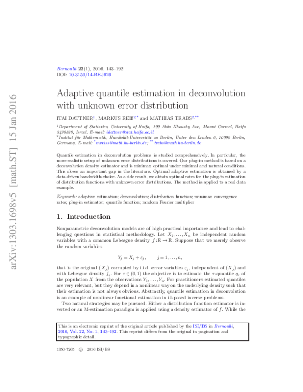(PDF) Adaptive quantile estimation in deconvolution with unknown error distribution