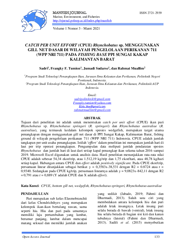 (PDF) C Catch Per Unit Effort (CPUE) Rhynchobatus sp Menggunakan Gill Net Dasar Di Wilayah ...