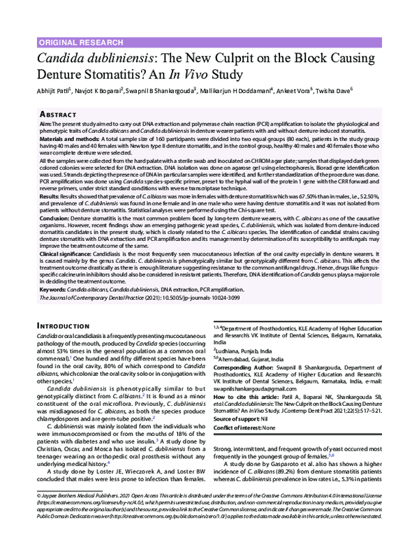 (PDF) Emerging Role of Candida dubliniensis in Denture Stomatitis