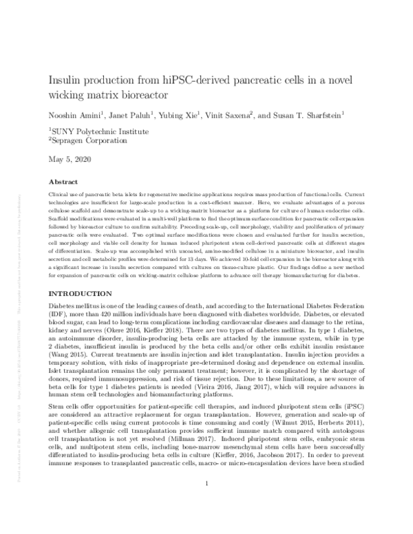 (PDF) Insulin production from hiPSC-derived pancreatic cells in a novel ...