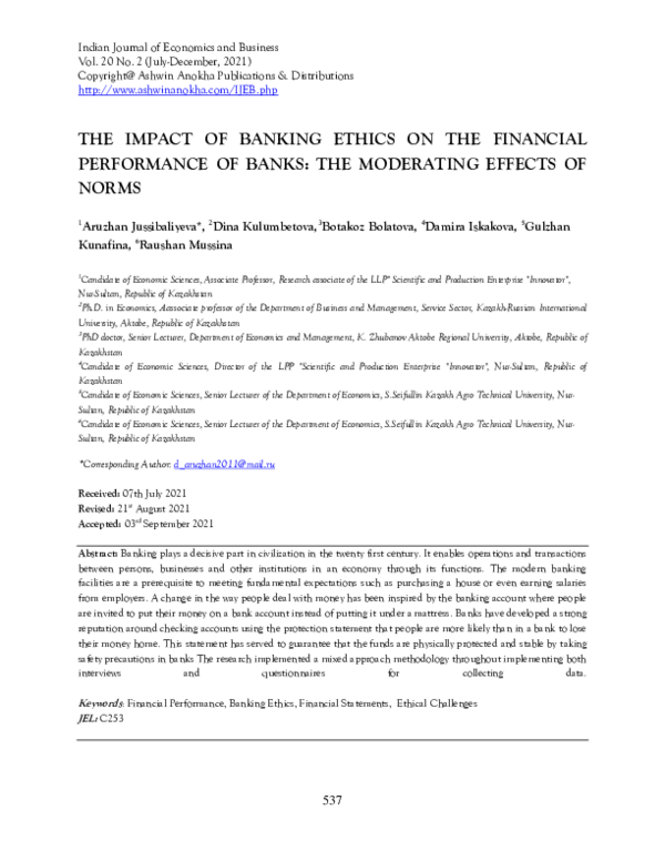 (PDF) The Impact of Banking Ethics on the Financial Performance of Banks
