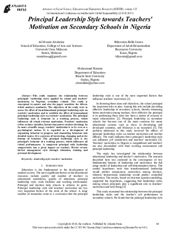 (PDF) Principal Leadership Style towards Teachers' Motivation on Secondary Schools in Nigeria