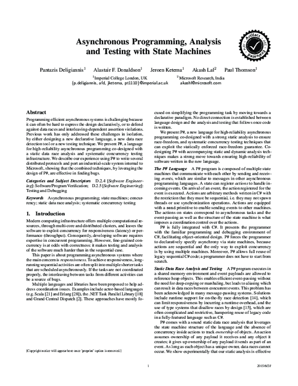 (PDF) Asynchronous programming, analysis and testing with state machines