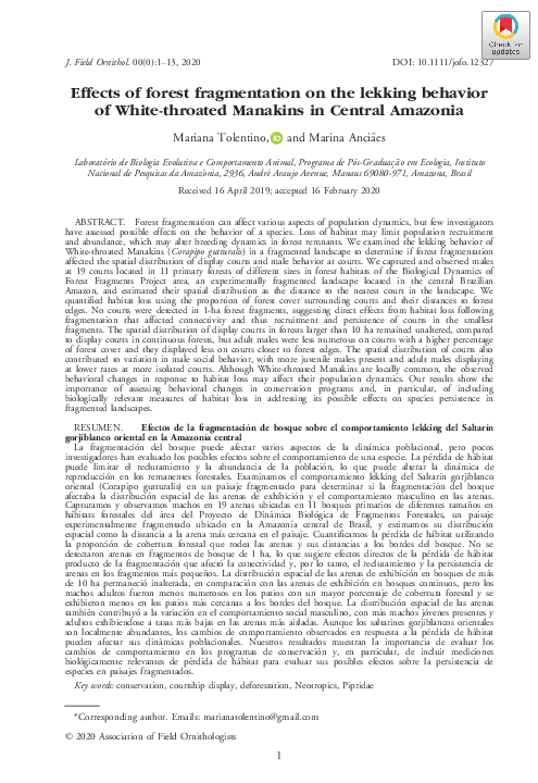 (PDF) Effects of forest fragmentation on the lekking behavior of White ...